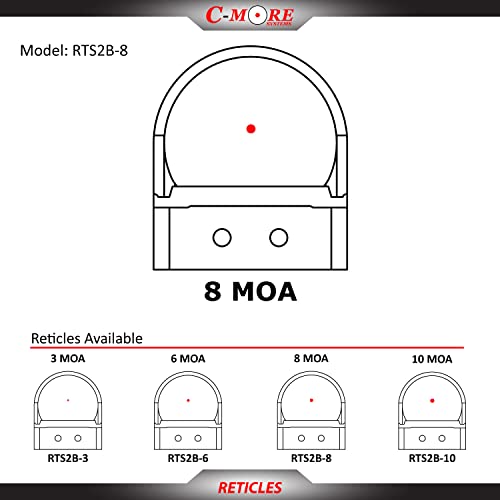 C-MORE Systems Micro Red Dot Sight RTS2B V5 Plus Rail Mount, 8 MOA, 1x Magnification, Made of Aircraft Grade Aluminum, Ultra Bright, All Weather, Waterproof, Lightweight, Matte Black Finish