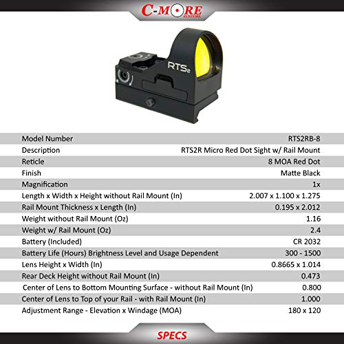 C-MORE Systems Micro Red Dot Sight RTS2B V5 Plus Rail Mount, 8 MOA, 1x Magnification, Made of Aircraft Grade Aluminum, Ultra Bright, All Weather, Waterproof, Lightweight, Matte Black Finish