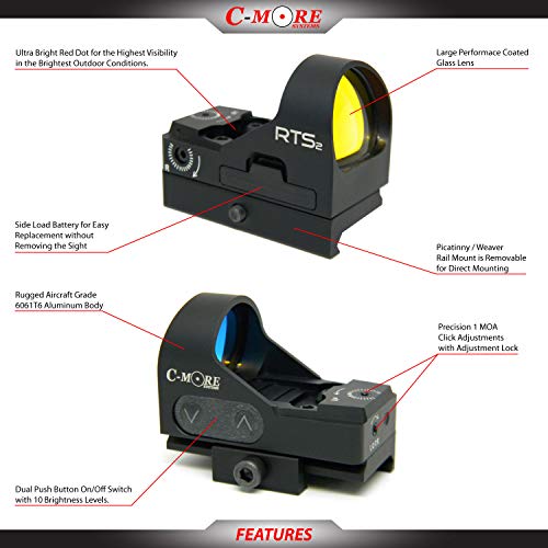 C-MORE Systems Micro Red Dot Sight RTS2B V5 Plus Rail Mount, 8 MOA, 1x Magnification, Made of Aircraft Grade Aluminum, Ultra Bright, All Weather, Waterproof, Lightweight, Matte Black Finish