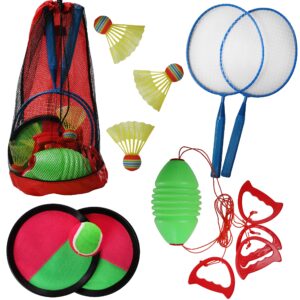 high bounce 3 in1 outdoor games combo set for kids, with badminton rackets set, toss and catch ball set, sliding zoom ball game, mesh bag, birdies, and tennis ball included