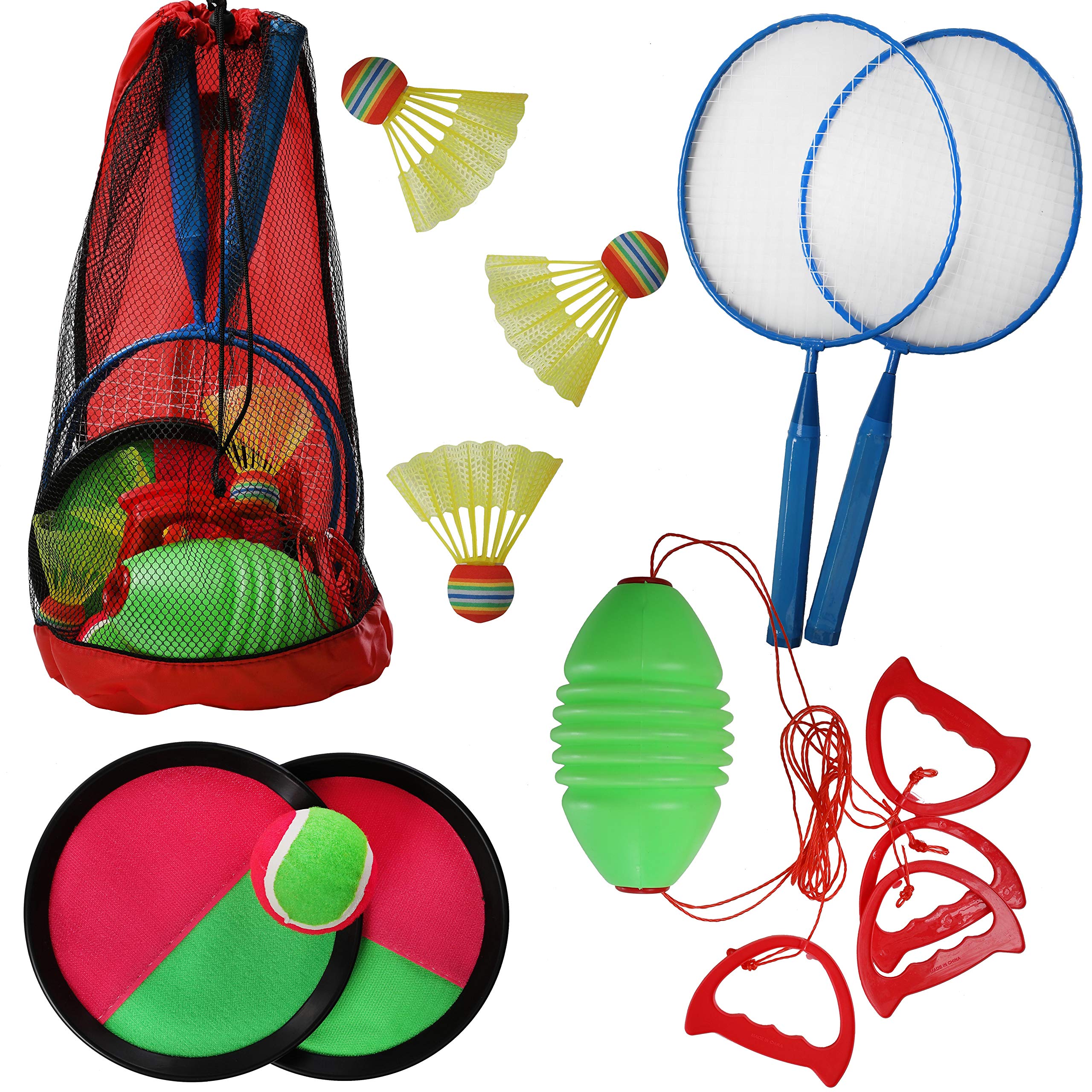 High Bounce 3 in1 Outdoor Games Combo Set for Kids, with Badminton Rackets Set, Toss and Catch Ball Set, Sliding Zoom Ball Game, Mesh Bag, Birdies, and Tennis Ball Included