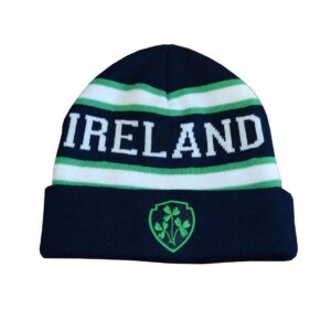 carrolls irish gifts traditional craft knitted navy beanie hat with ireland lettering and embroidered shamrock crest