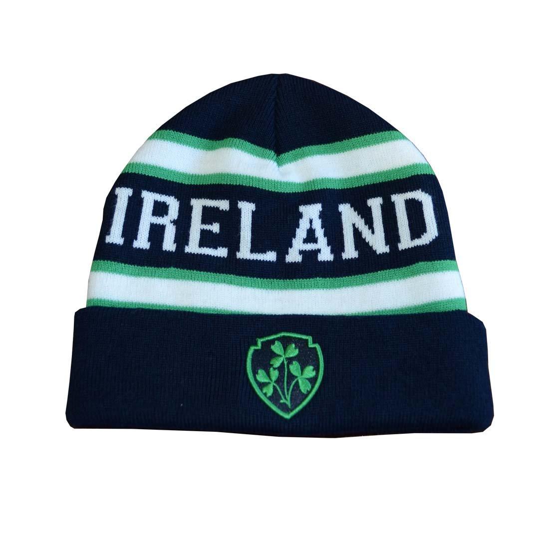 Carrolls Irish Gifts Traditional Craft Knitted Navy Beanie Hat with Ireland Lettering and Embroidered Shamrock Crest