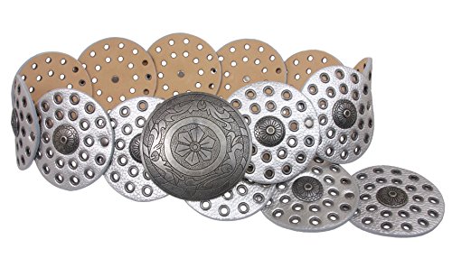 beltiscool 3 1/2" (90 mm) Wide Ladies Wide Boho Disc Concho Leather Belt, Matt Silver | S - 39 END-TO-END