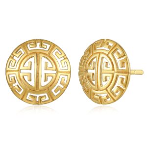 morgan & paige sterling silver greek earrings, greco design gold stud earrings with laser-cut detailing, 18k gold plated circle earrings, greek jewelry gifts for women