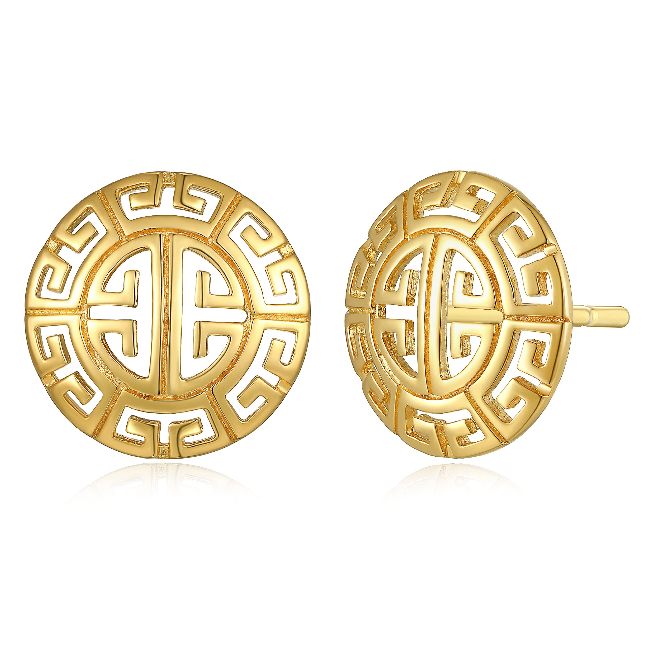 MORGAN & PAIGE Sterling Silver Greek Earrings, Greco Design Gold Stud Earrings with Laser-Cut Detailing, 18K Gold Plated Circle Earrings, Greek Jewelry Gifts for Women