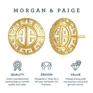 MORGAN & PAIGE Sterling Silver Greek Earrings, Greco Design Gold Stud Earrings with Laser-Cut Detailing, 18K Gold Plated Circle Earrings, Greek Jewelry Gifts for Women