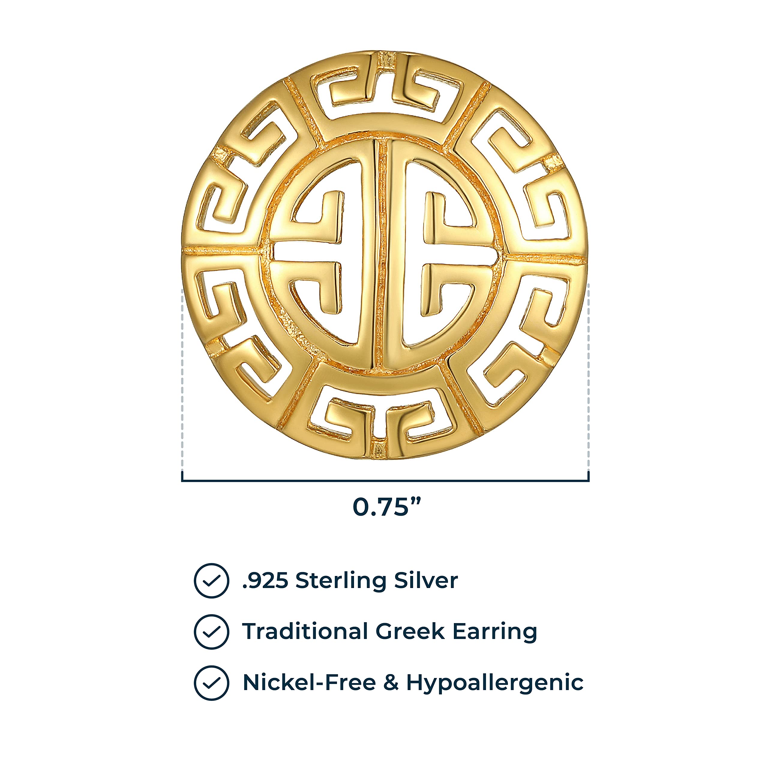 MORGAN & PAIGE Sterling Silver Greek Earrings, Greco Design Gold Stud Earrings with Laser-Cut Detailing, 18K Gold Plated Circle Earrings, Greek Jewelry Gifts for Women