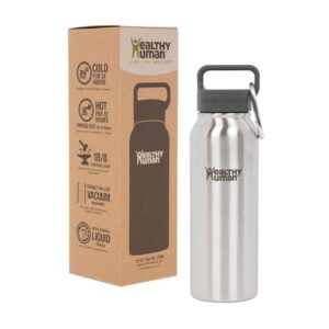 healthy human stainless steel water bottle | double walled vacuum insulated water thermos for adults | eco-friendly travel bottles with leak proof lid (brushed steel, 21 oz/ 621 ml)