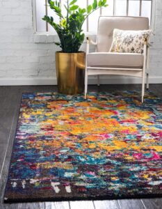 unique loom estrella collection dark colors, modern, abstract, distressed area rug, 7 ft x 10 ft, multi/navy blue