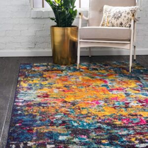 Unique Loom Estrella Collection Dark Colors, Modern, Abstract, Distressed Area Rug, 7 ft x 10 ft, Multi/Navy Blue