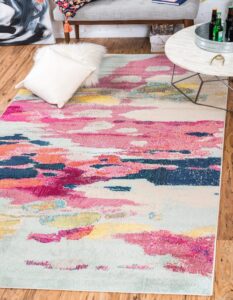 unique loom estrella collection light colors, abstract, modern, vibrant area rug, 7 ft x 10 ft, pink/ivory