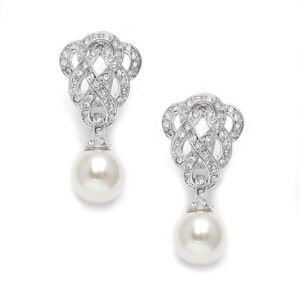 mariell vintage art deco pearl clip on earrings for wedding, brides & mother of bride - cz pave accent