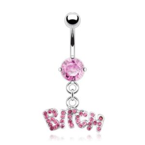 pierced owl 14ga stainless steel cz crystal bitch dangling belly button ring (pink)