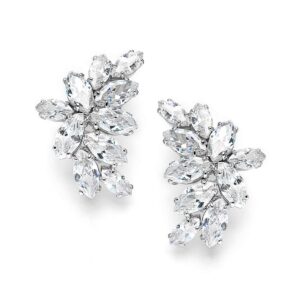 mariell clip-on cubic zirconia crystal bridal earrings, marquis shape cz curved clusters, non-pierced earrings for wedding, bridesmaids, homecoming, mother of the bride