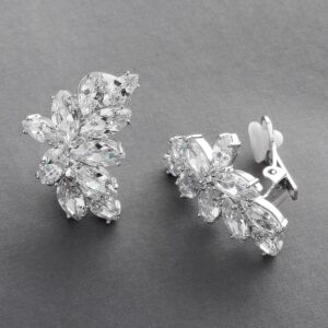 Mariell Clip-On Cubic Zirconia Crystal Bridal Earrings, Marquis Shape CZ Curved Clusters, Non-Pierced Earrings for Wedding, Bridesmaids, Homecoming, Mother of the Bride