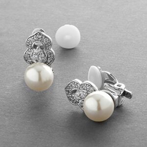 Mariell Cubic Zirconia Pearl Drop Clip-On Earrings for Women, Non-Pierced Earrings, Jewelry for Brides