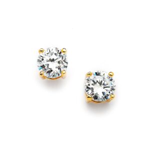 mariell cubic zirconia crystal gold stud earrings, 2 carat round cz solitaire, imitation diamond earrings