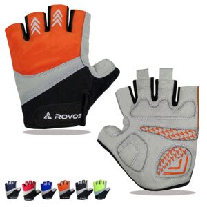 rovos bike gloves men & women cycling gloves bicycle gloves 5mm absorbing padded half finger breathable mountain bike mtb road biking gloves (orange, large)