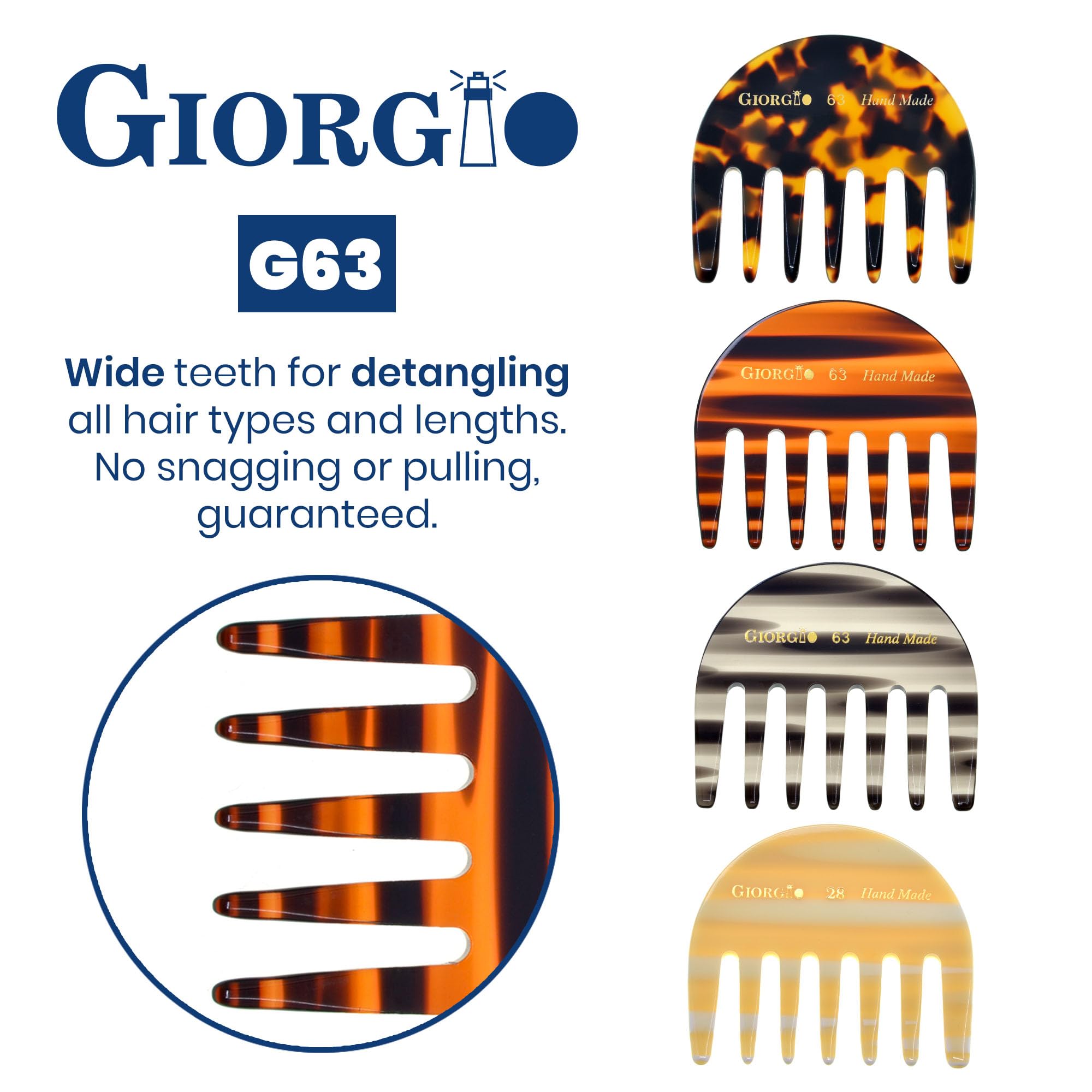 Giorgio G63 Wide Tooth Comb Detangling Comb, Pocket Comb and Travel Comb Wide Tooth Combs for Women for Thick Hair, Hair Detangler Comb For Wet and Dry Everyday Care. Handmade, Saw-Cut, and Polished