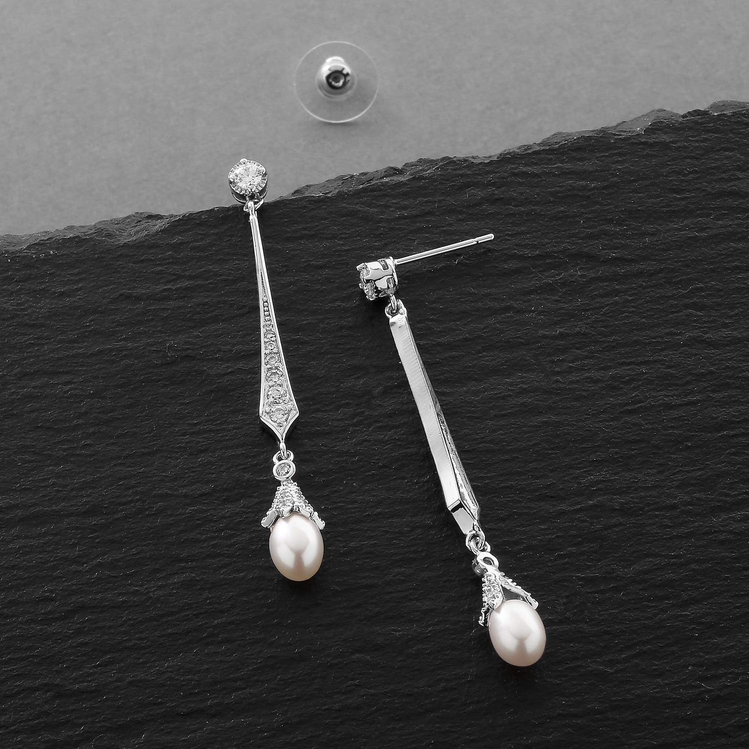 Mariell Silver Dangle Earrings with Freshwater Pearls and Cubic Zirconia for Wedding