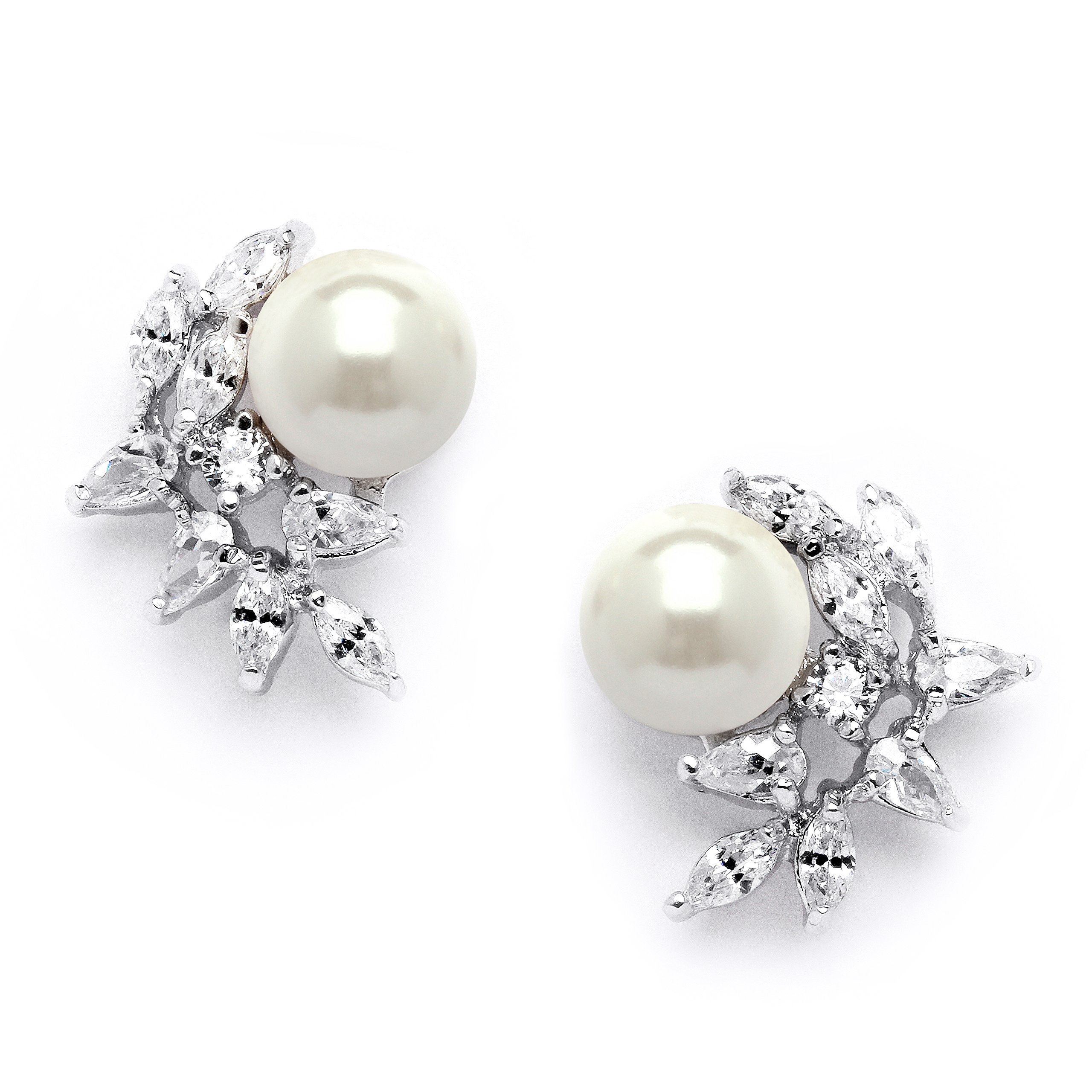 Silver Mariell Pearl and Marquise Cut CZ Crystal Wedding Earrings for Brides, Bridesmaids & Mother of the Bride