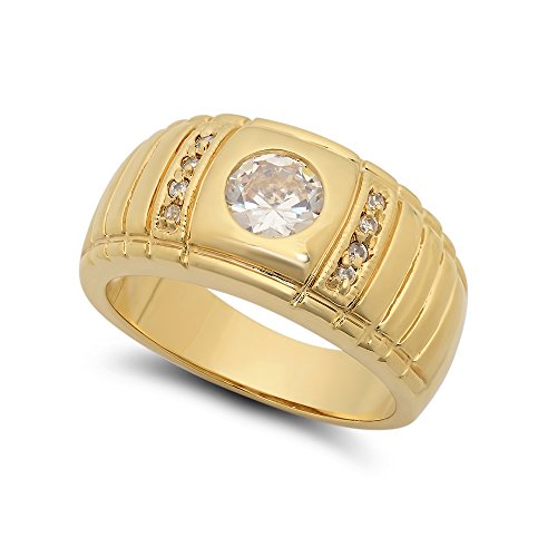 The Bling Factory Large 23mm 14k Gold Plated Notched CZ Band w/Round CZ Solitaire Ring, Size 7.5