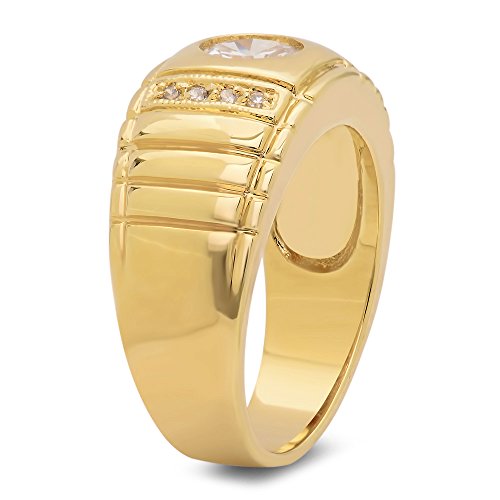 The Bling Factory Large 23mm 14k Gold Plated Notched CZ Band w/Round CZ Solitaire Ring, Size 7.5