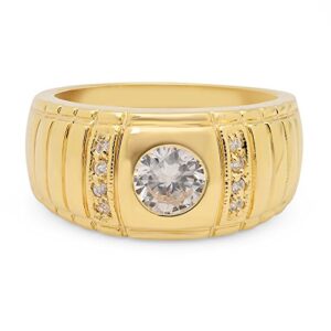 The Bling Factory Large 23mm 14k Gold Plated Notched CZ Band w/Round CZ Solitaire Ring, Size 7.5