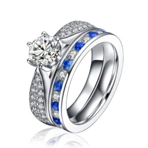 2 pc 925 sterling silver blue sapphire engagement wedding ring set (size women 8)