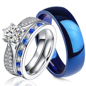 his and hers 925 sterling silver blue saphire stainless steel wedding rings set blue #sp24blmsbl (size his 10, hers 07)