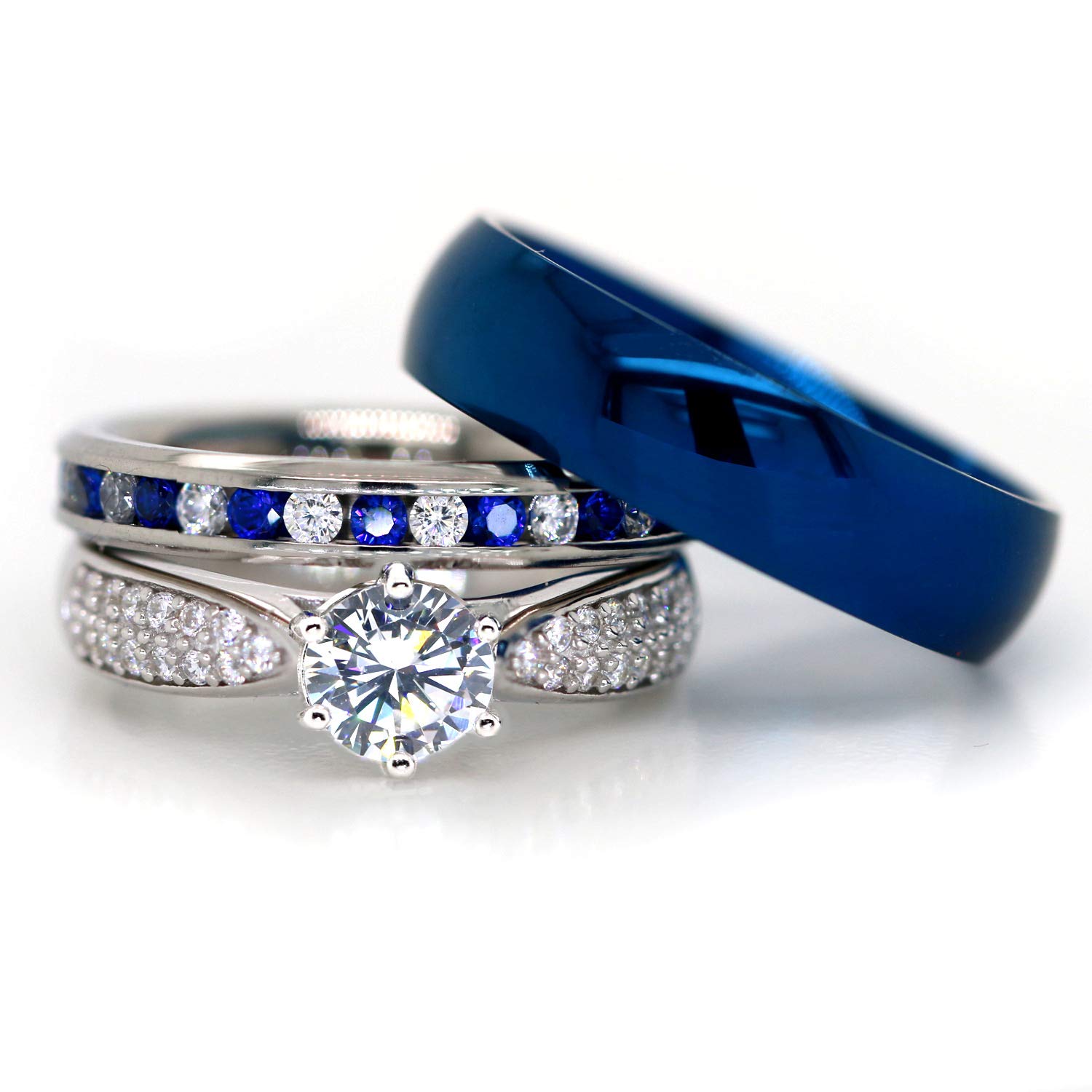 His and Hers 925 Sterling Silver Blue Saphire Stainless Steel Wedding Rings Set Blue #SP24BLMSBL (Size His 11, Hers 08)