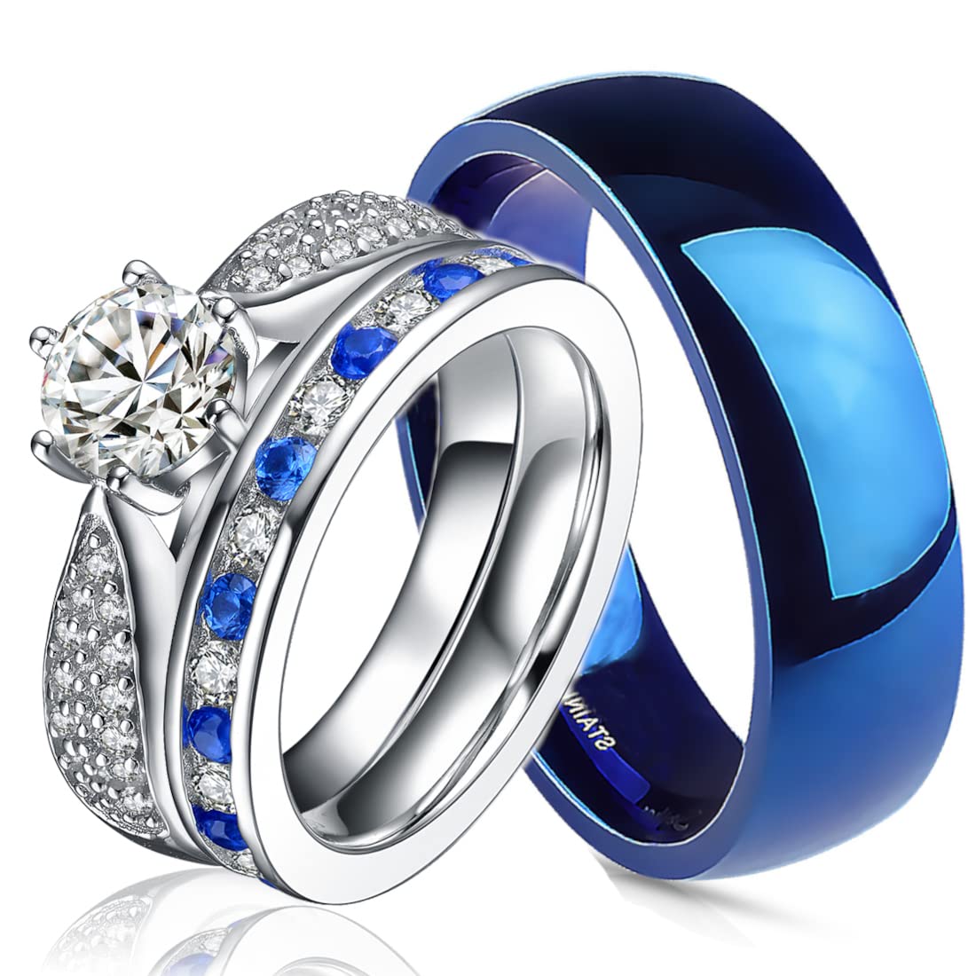 His and Hers 925 Sterling Silver Blue Saphire Stainless Steel Wedding Rings Set Blue #SP24BLMSBL (Size His 11, Hers 08)