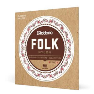 d'addario guitar strings - folk nylon guitar strings - ej32c classical guitar strings - nylon core, ball end - silver plated wrap, clear nylon trebles