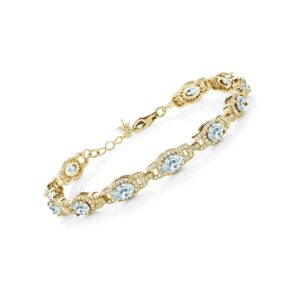 gem stone king 18k yellow gold plated silver sky blue aquamarine tennis bracelet for women (8.33 cttw, gemstone birthstone, with 1 inch extender