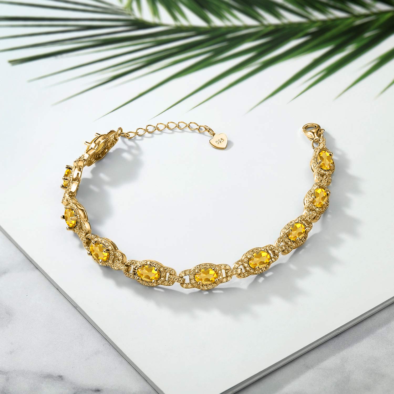 Gem Stone King 18K Yellow Gold Plated Silver Oval Yellow Citrine Tennis Bracelet For Women (8.55 Cttw, Gemstone Birthstone, 7 Inch with 1 Inch Extender)