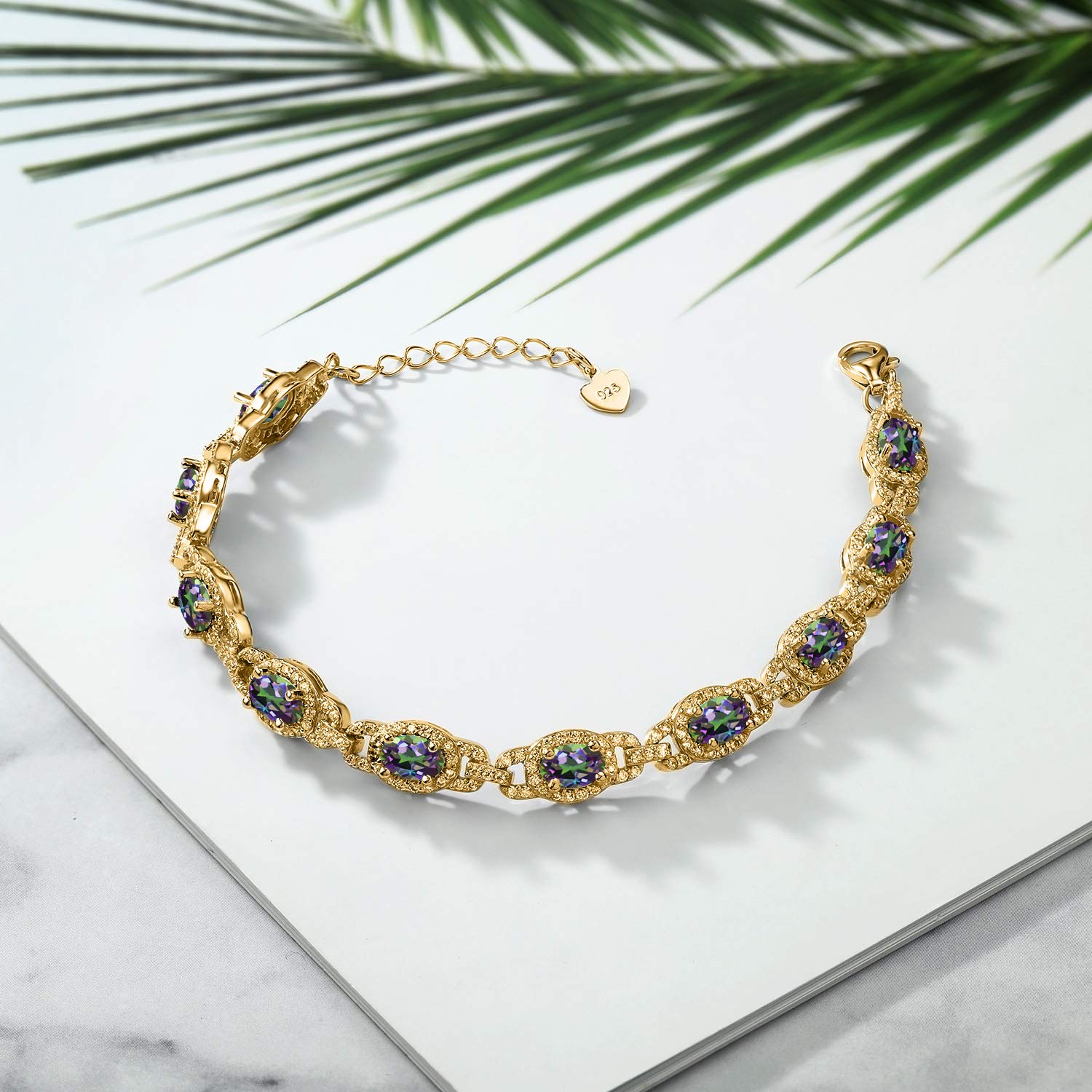 Gem Stone King 10.20 Ct Oval Green Mystic Topaz 18K Yellow Gold Plated Silver 7 Inch Bracelet For Women With 1 Inch Extender