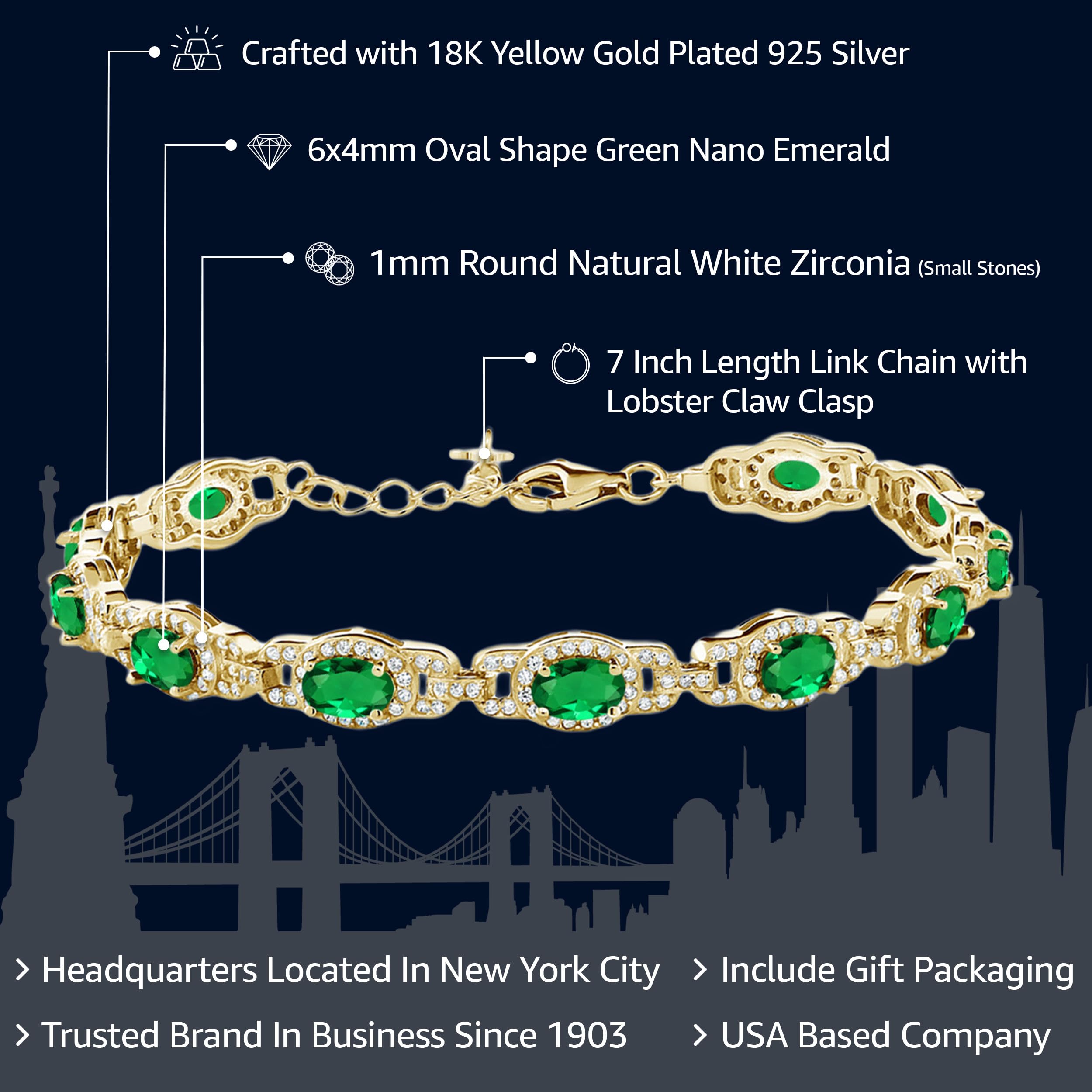 Gem Stone King 18K Yellow Gold Plated Silver Green Simulated Emerald Tennis Bracelet For Women (8.00 Cttw, Oval 6X4MM, 7 Inch With 1 Inch Extender)