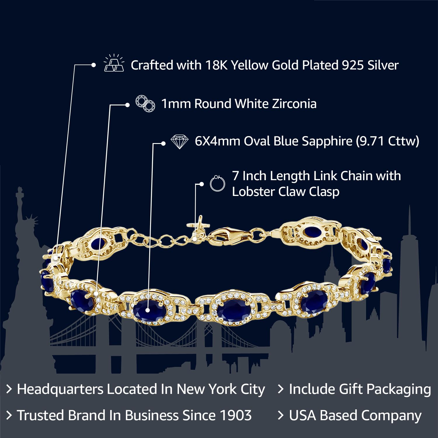 Gem Stone King 18K Yellow Gold Plated Silver Oval Blue Sapphire Tennis Bracelet For Women (9.71 Cttw, 7 Inch, With 1 Inch Extender)