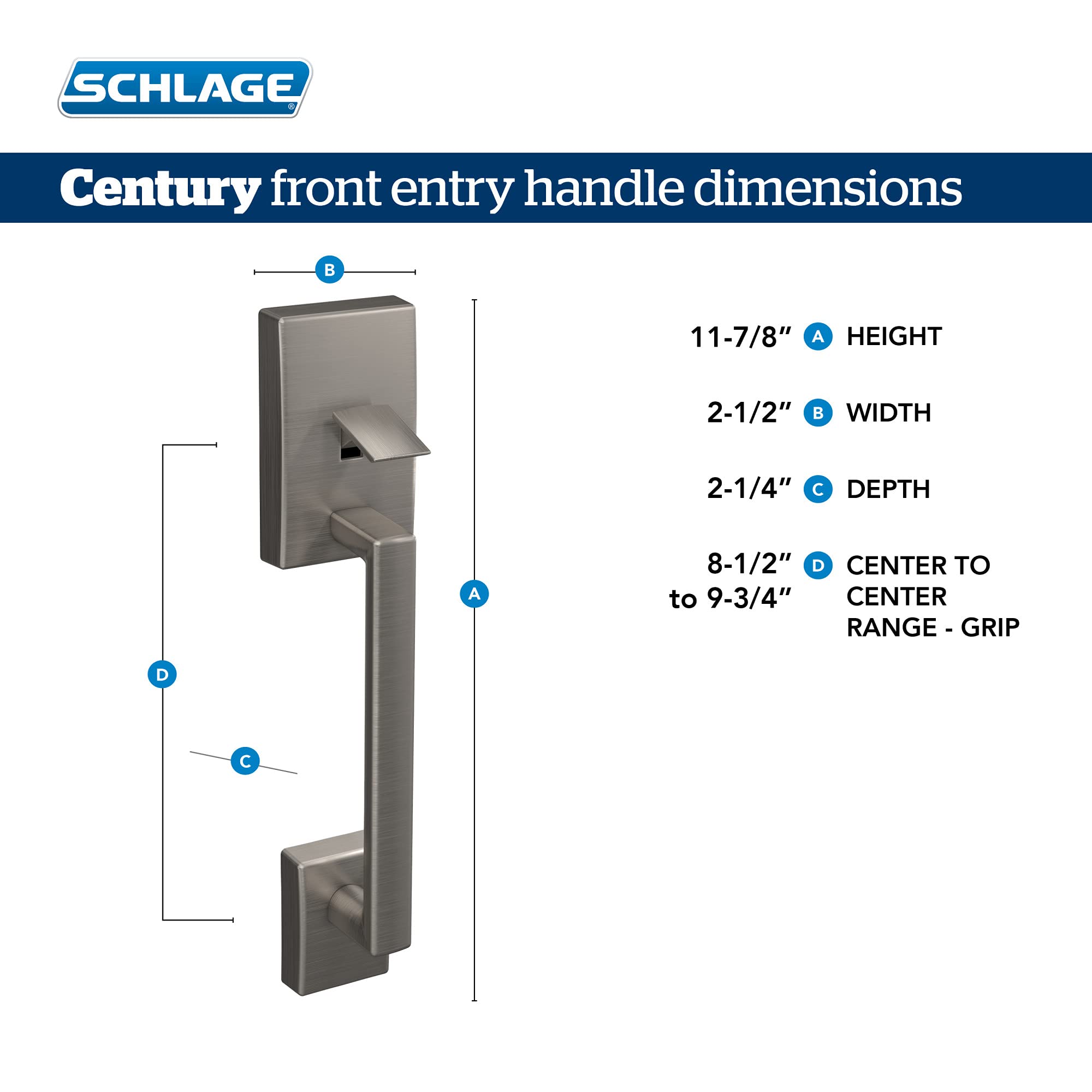 Schlage FE285 CEN 716 LAT CEN Century Front Entry Handleset with Latitude Lever, Lower Half Grip, Aged Bronze, Century Interior Trim