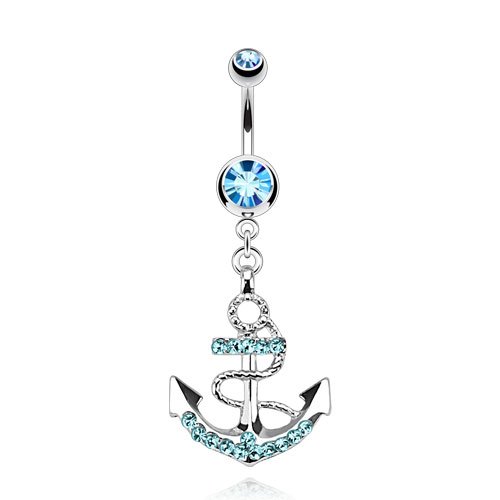 Pierced Owl 14GA Stainless Steel CZ Crystal Gemmed Nautical Anchor Dangling Belly Button Ring (Aqua)