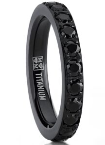 3mm ladies black titanium eternity engagement band, wedding ring with black pave set cubic zirconia 7