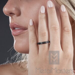 3MM Ladies Black Titanium Eternity Engagement Band, Wedding Ring with Black Pave Set Cubic Zirconia 7