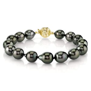 The Pearl Source 14K Gold 8-9mm Drop-Shape Genuine Black Tahitian South Sea Cultured Pearl Bracelet for Women