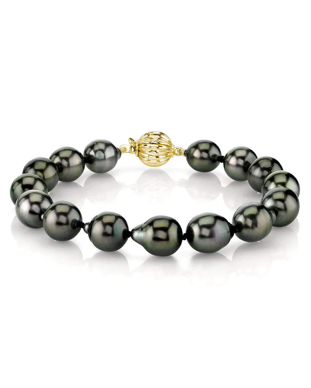 The Pearl Source 14K Gold 8-9mm Drop-Shape Genuine Black Tahitian South Sea Cultured Pearl Bracelet for Women