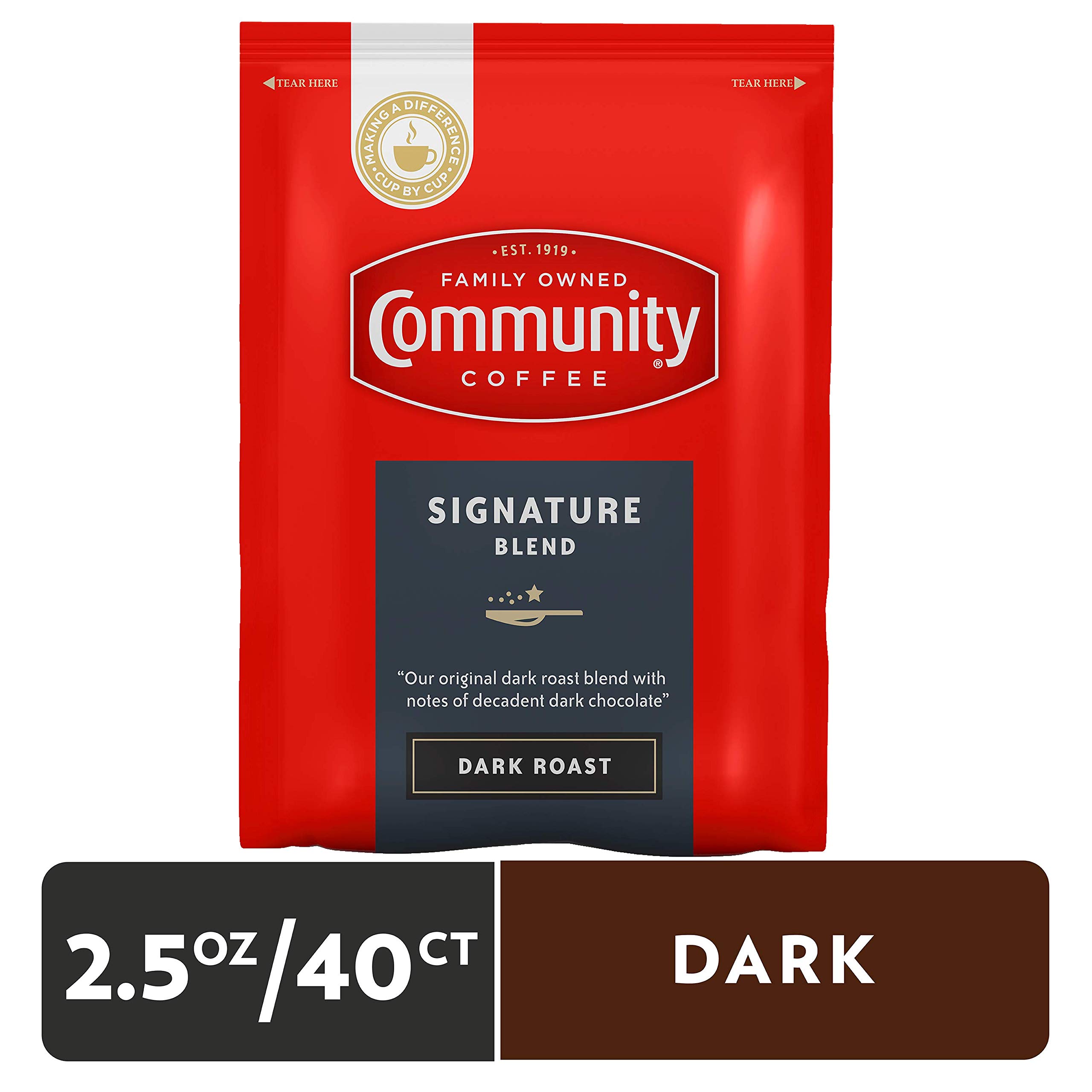 Community Coffee Signature Blend, Dark Roast Pre-Measured Coffee Packs, 2.5 Ounce Bag (Box of 40)