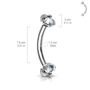 Pierced Owl 16GA Stainless Steel Internally Threaded Prong Set CZ Crystal Ends Cartilage Helix Rook Eyebrow Curved Barbell (Clear)