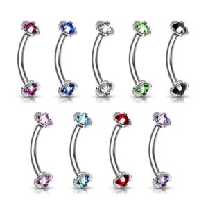 Pierced Owl 16GA Stainless Steel Internally Threaded Prong Set CZ Crystal Ends Cartilage Helix Rook Eyebrow Curved Barbell (Clear)