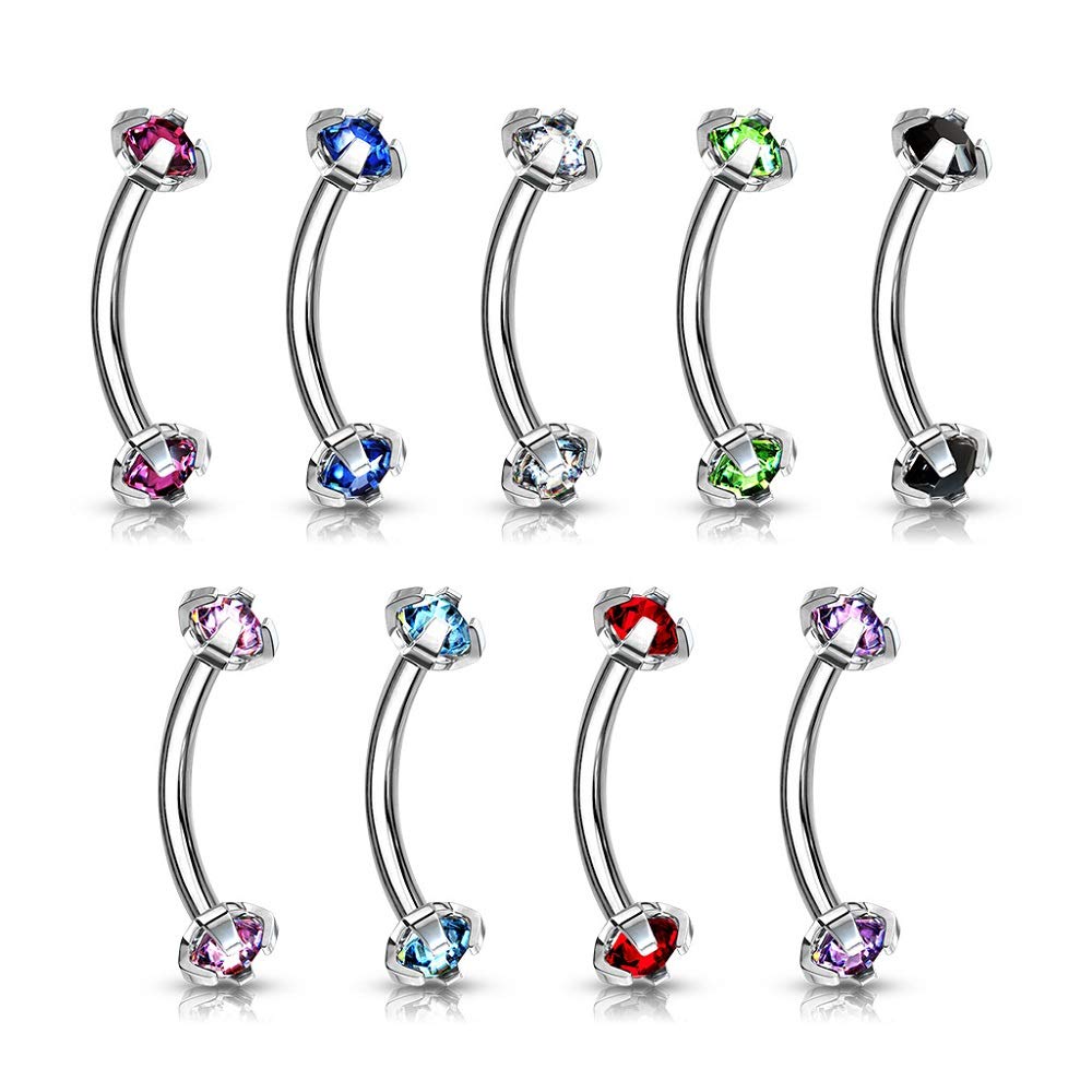 Pierced Owl 16GA Stainless Steel Internally Threaded Prong Set CZ Crystal Ends Cartilage Helix Rook Eyebrow Curved Barbell (Clear)