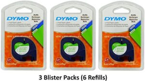 dymo 10697 self-adhesive white paper labeling tape for letratag (lt) label makers; 3 blister packs (6 refills); each with two 1/2" wide x 13ft long (12mm x 4m) refill rolls